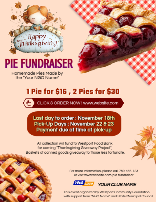 Thanksgiving Pie Fundraiser Charity Flyer Design Template | PosterMyWall