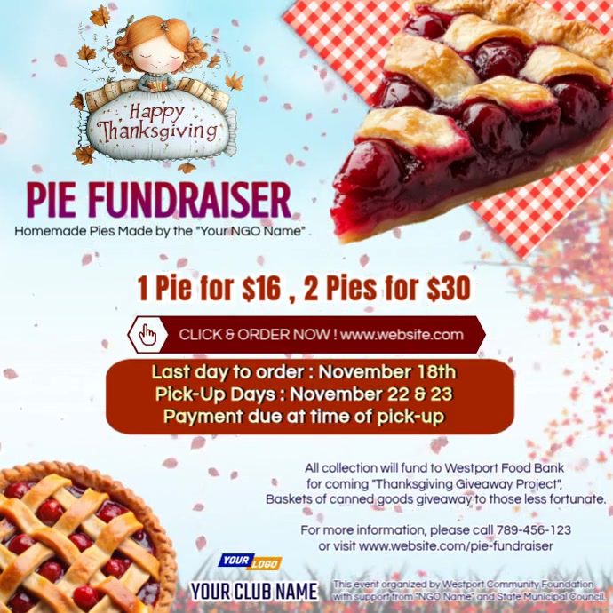 Thanksgiving Pie Fundraiser Video Ad Template | PosterMyWall