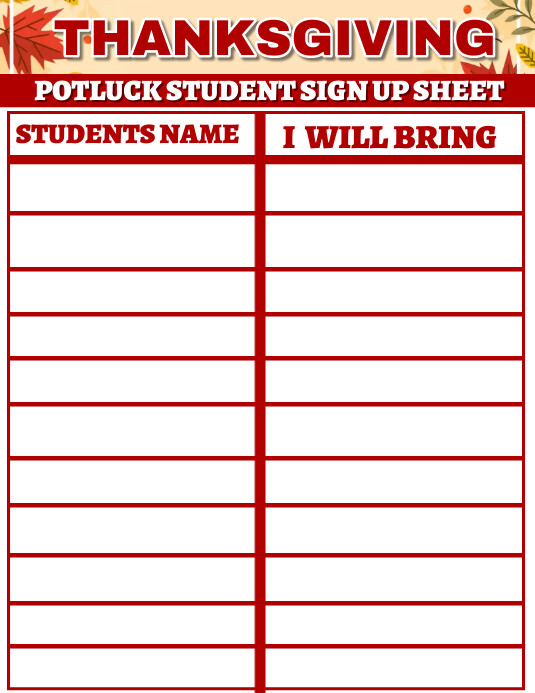 Thanksgiving potluck sign up sheet Template | PosterMyWall