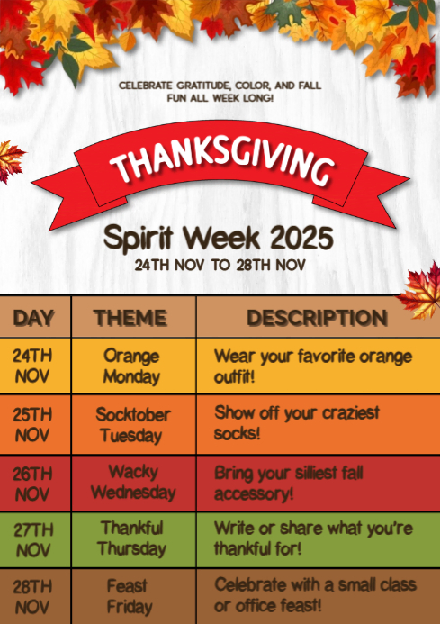 Thanksgiving Spirit Week Design A4. Template | PosterMyWall