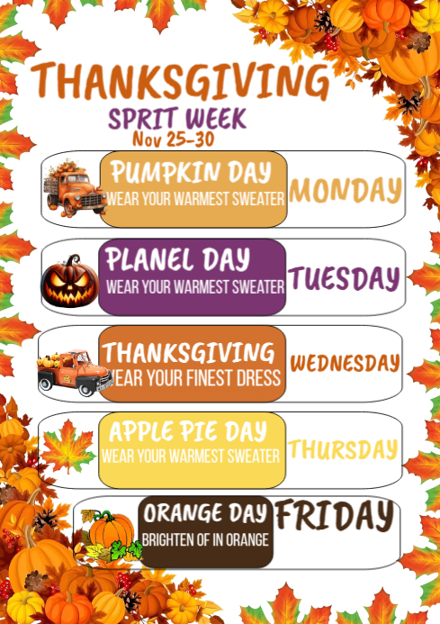 Thanksgiving spirit week flyer เทมเพลต | PosterMyWall