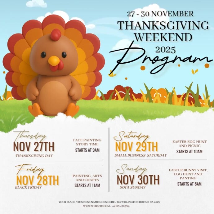Copy of thanksgiving weekend schedule ad design template | PosterMyWall