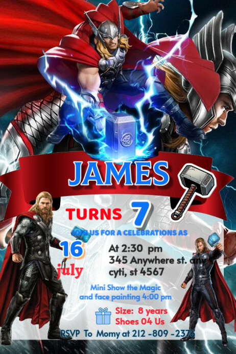 Copy of Thor invitation Brithday party temple boy celebration kids ...