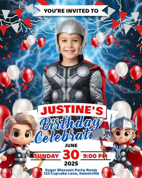 thor theme birthday invitation party for kids Template | PosterMyWall