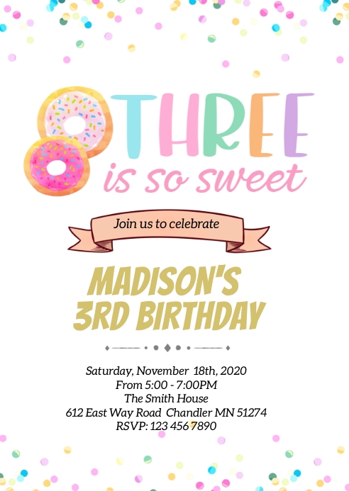 Three is so sweet donut invitation Template | PosterMyWall