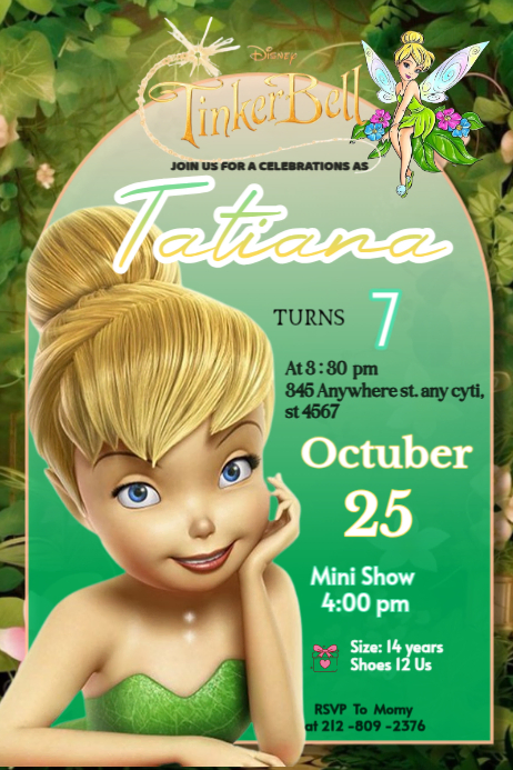 Tinker Bell invitation Brithday party temple flayer editablet ...