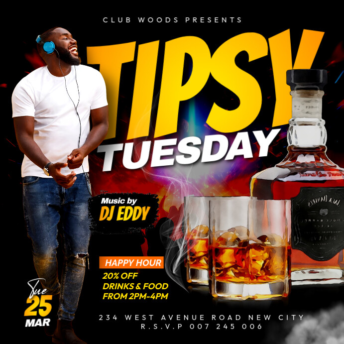 Copy of Tipsy Tuesdays Dj live whisky night club party event invitation ...