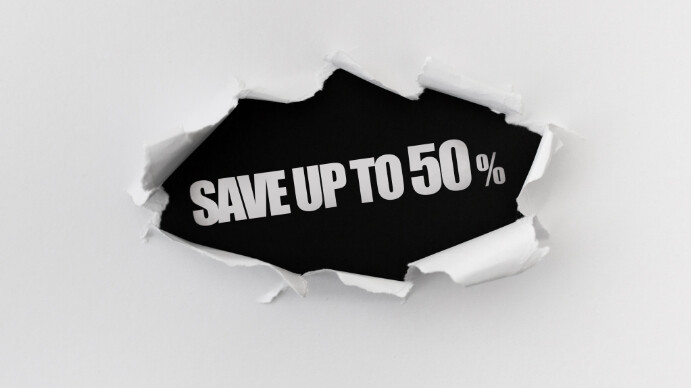 Torn white paper with Save up to 50% written Template | PosterMyWall