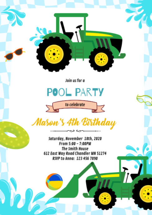 Tractor Pool Party Invitation A6 Template | PosterMyWall