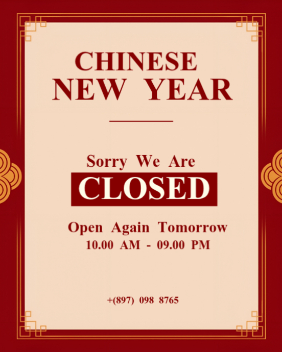 Traditional Red "Chinese New Year" Closed Notice & Business Hours Sign ...