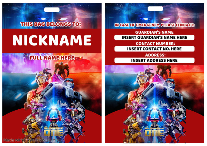 Transformers One ID/Bag Tag & name tag label Template | PosterMyWall