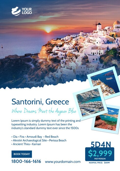 Travel Ad Santorini Greece Flyer Poster Template | PosterMyWall