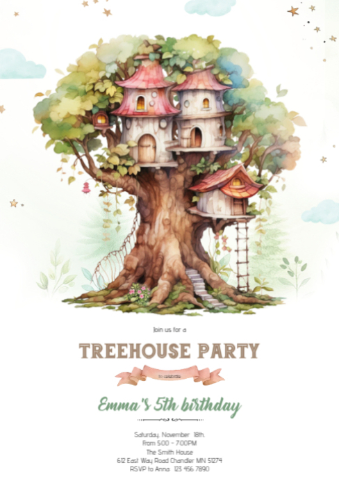Treehouse girl party invitation Template | PosterMyWall