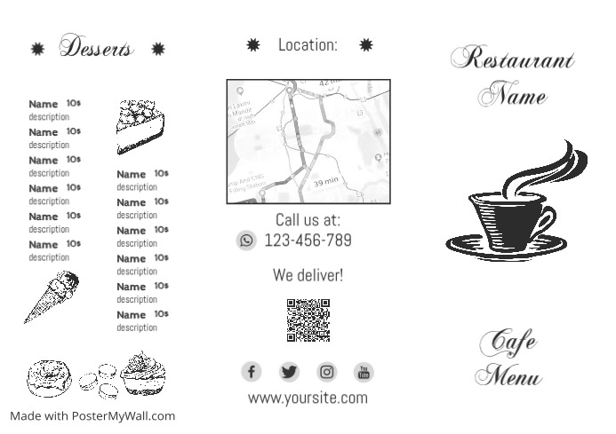 Trifold Cafe Coffeehouse Menu First 1 Page Template | PosterMyWall