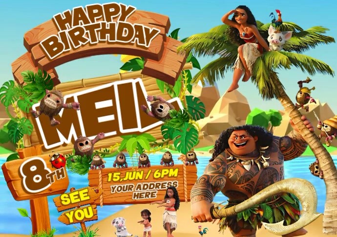 Tropical Birthday Adventure: Celebrate with Moana and Friends Template ...