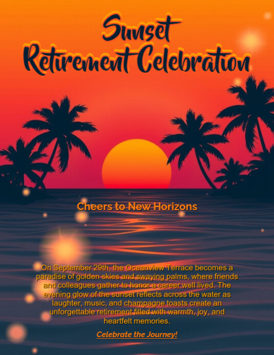 Tropical sunset retirement celebration flyer design template | PosterMyWall