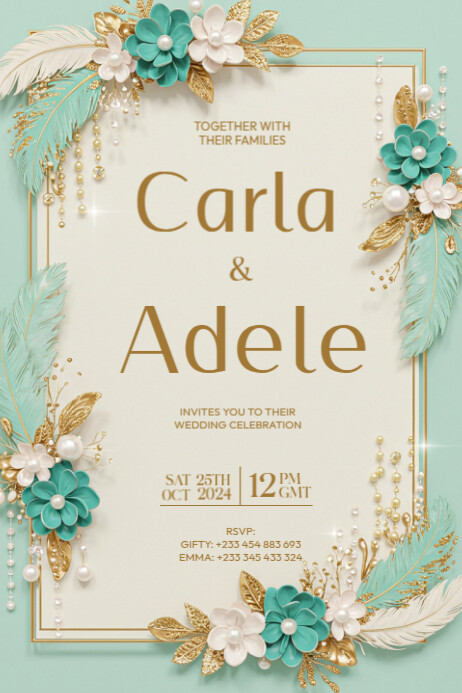 Turquoise & Gold Wedding Invitation Template | PosterMyWall