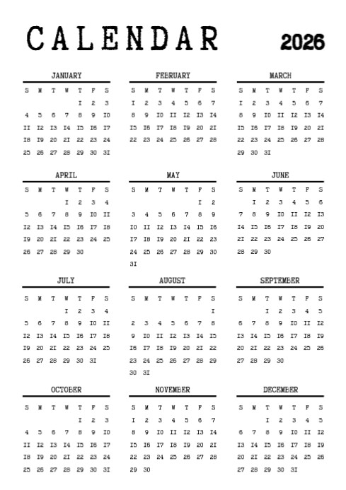 Typewrite Retro Minimalistic Yearly Calendar 2026 A4 Template ...