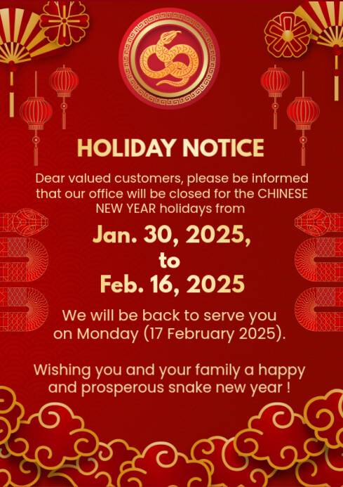 Typographic Closed For Chinese New Year A4 Template | PosterMyWall