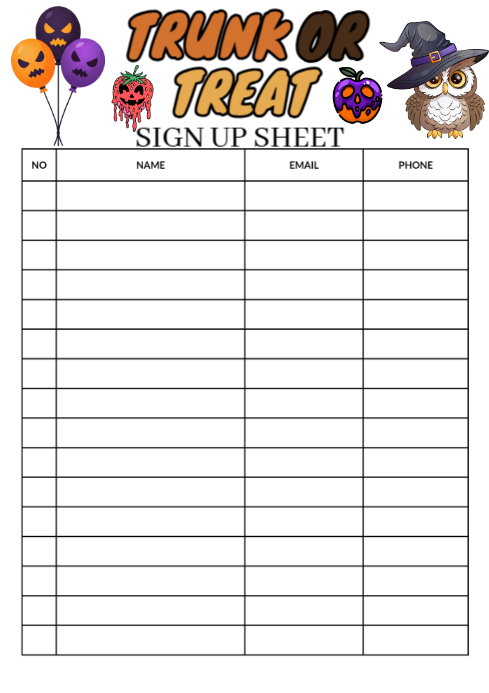 Typographic Trunk Or Treat Sign Up Sheet A4 Template | PosterMyWall