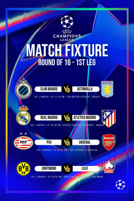 UEFA CHAMPIONS LEAGUE MATCH FIXTURE ROUND OF 16 | PosterMyWall