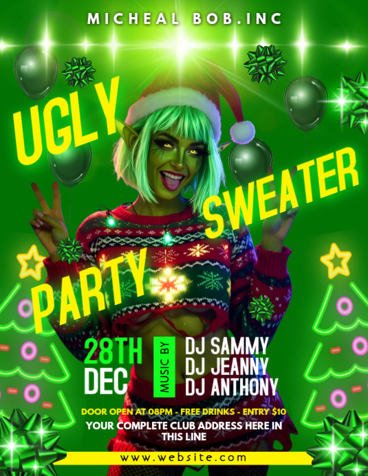 Ugly Christmas Sweater Party Flyer 2025 | Drag Queen Santa Neon ...