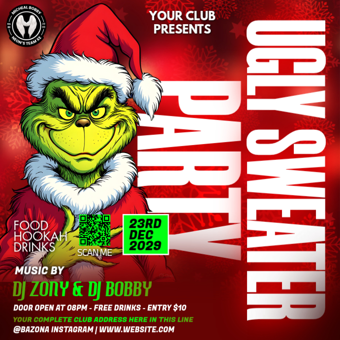 Ugly Christmas Sweater Party Flyer 2025 | Grinch Is Coming Neon ...