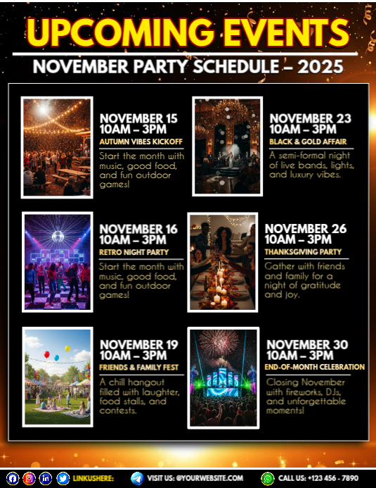 Unforgettable November Party Schedule 2025 Template | PosterMyWall