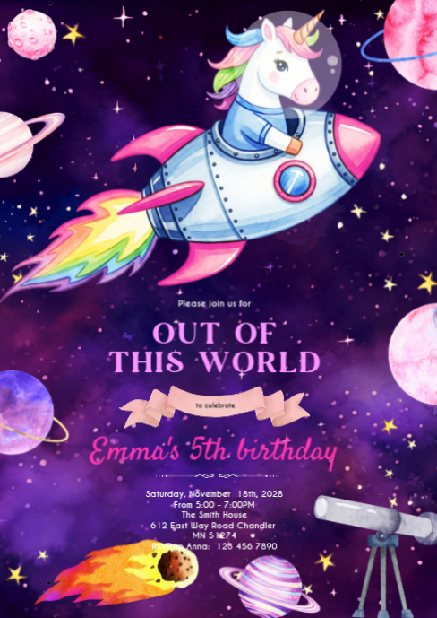 Plantilla de Unicorn outer space theme invitation | PosterMyWall