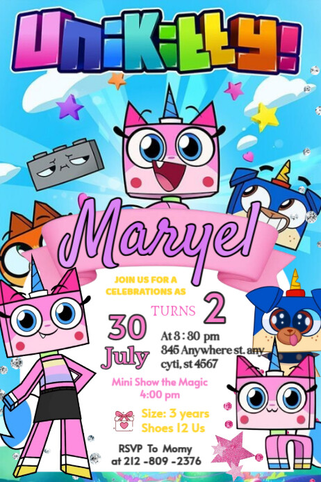 Copy of Unikitty! Invitation celebration happy Brithday party temple ...