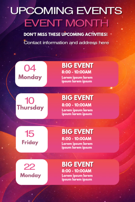 Plantilla de Upcoming Events – Monthly Event Schedule Poster | PosterMyWall