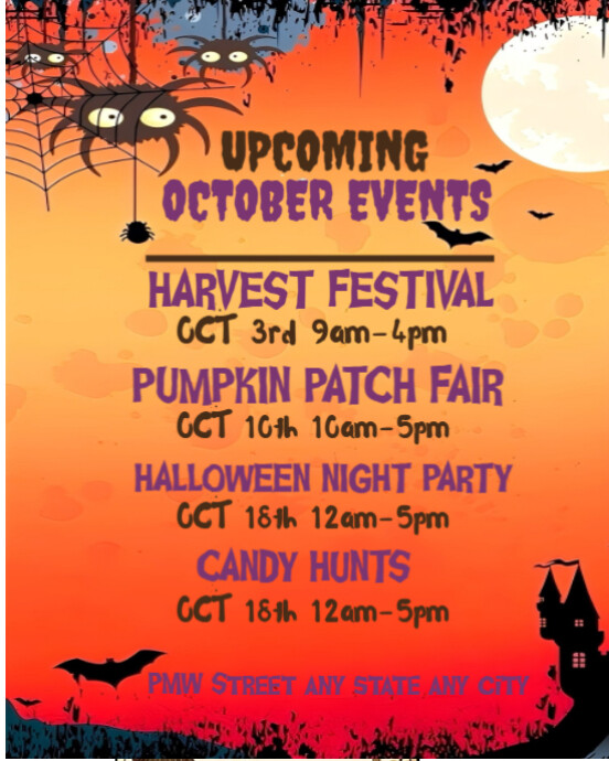 Upcoming events flyer schedule October Template | PosterMyWall