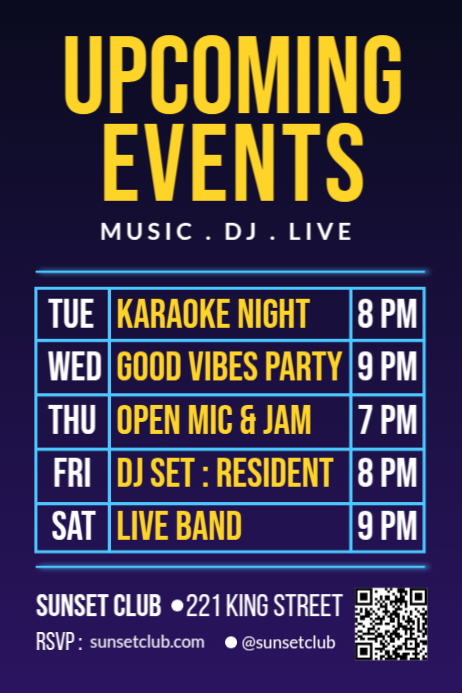 Upcoming Events Music – Weekly Schedule Poster (Neon) Template ...