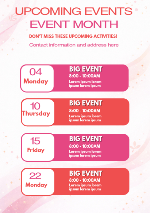 Upcoming events schedule template | PosterMyWall