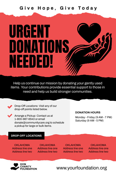 Plantilla de Urgent Donation Needed Flyer Poster Template | PosterMyWall