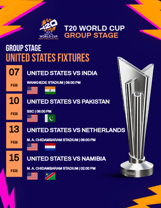 Usa t20 world cup 2026 group stage fixtures Template | PosterMyWall