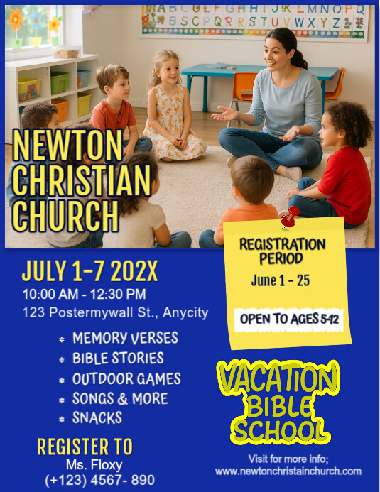 Copy of Vacation Bible School Flyer 202X – Fun Summer Church Program ...