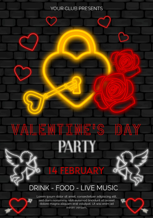 valentine's day party poster with neon padlock with key, hearts and ...