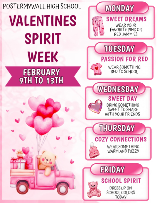 Plantilla de Valentine’s Day School Spirit Week Flyer | High School ...