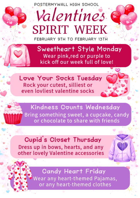 Copy of Valentine’s Day Spirit Week Poster for Schools | Pink & Red ...