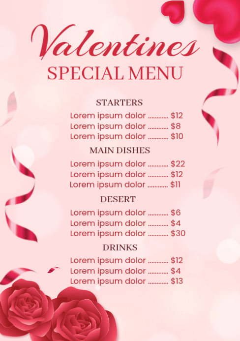 Plantilla de Valentine’s Special Menu — Romantic Restaurant Menu ...