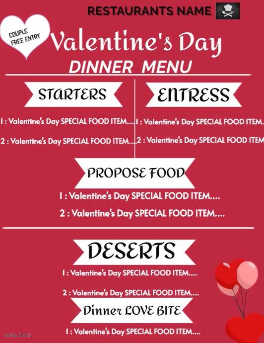 Valentine's Day menu card Template | PosterMyWall