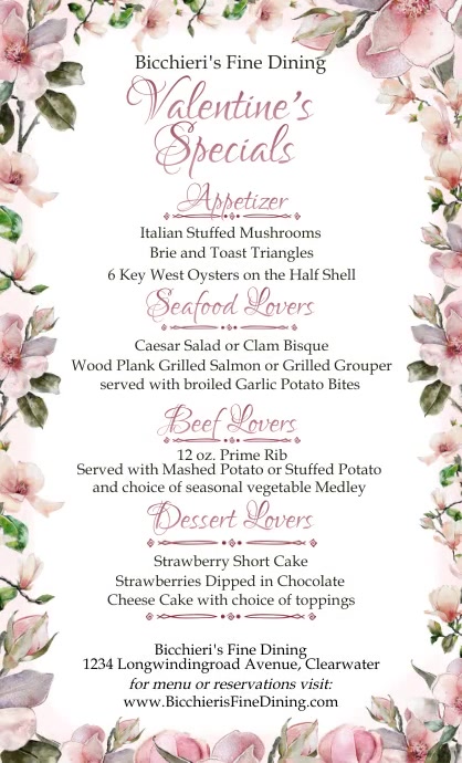 Valentine's Day Menu Template | PosterMyWall