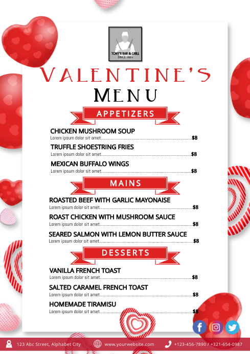 Plantilla de Valentine's Day Menu Template | PosterMyWall