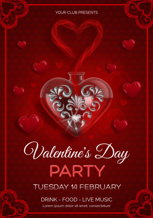 valentine's day party poster with love potion and red hearts Template ...