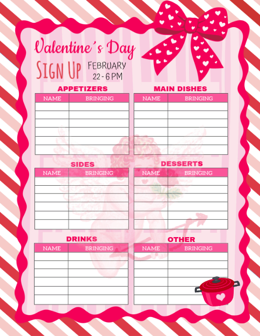 Valentine's day potluck sign up sheet printable Template | PosterMyWall