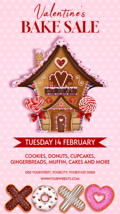 valentine bake sale flyer with gingerbread house and donuts Template ...