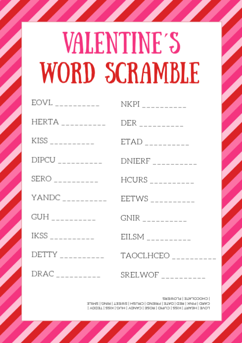 Plantilla de Valentine Word Scramble Game | PosterMyWall
