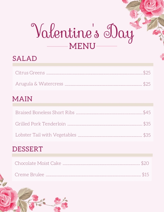 Copy of Valentines Pink Rose Menu | PosterMyWall