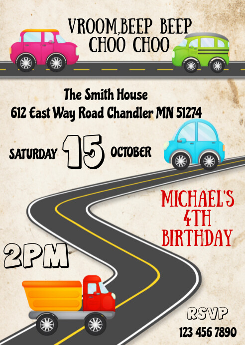Vehicles birthday party invitation Template | PosterMyWall